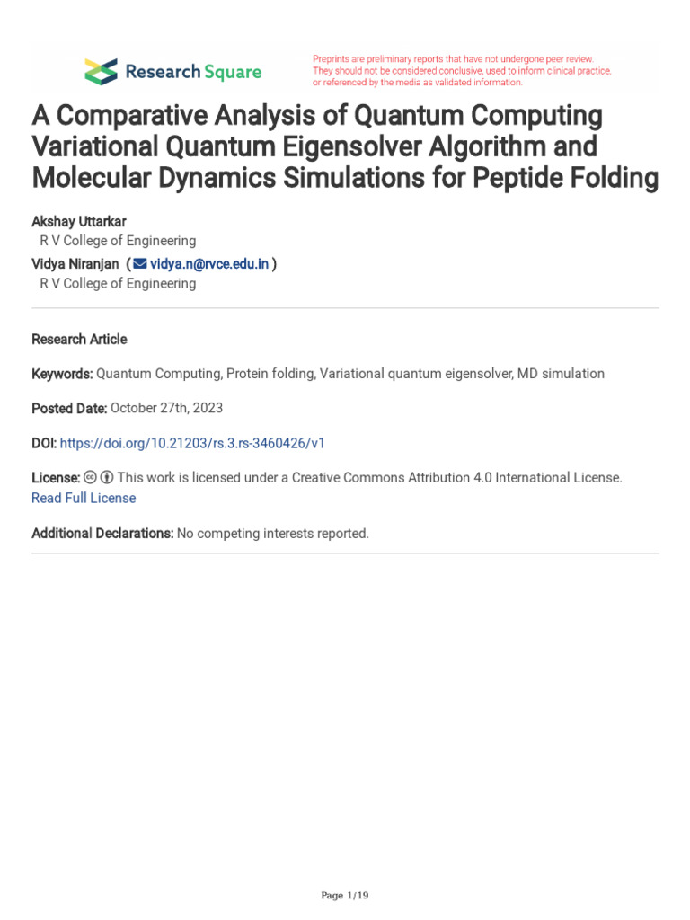 A Comparative Analysis of Quantum Computing Variat | PDF | Protein Folding | Molecular Dynamics