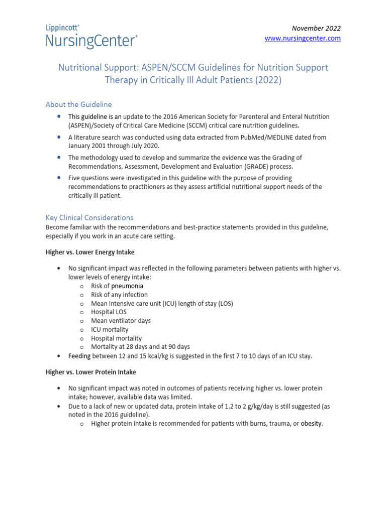Guideline Summary - Nutritional Support in ICU - November2022 | PDF ...