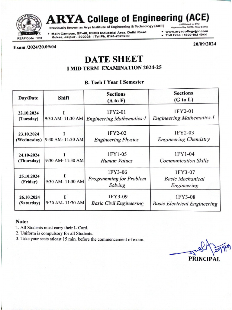 First Sem Mid Term Time Table | PDF