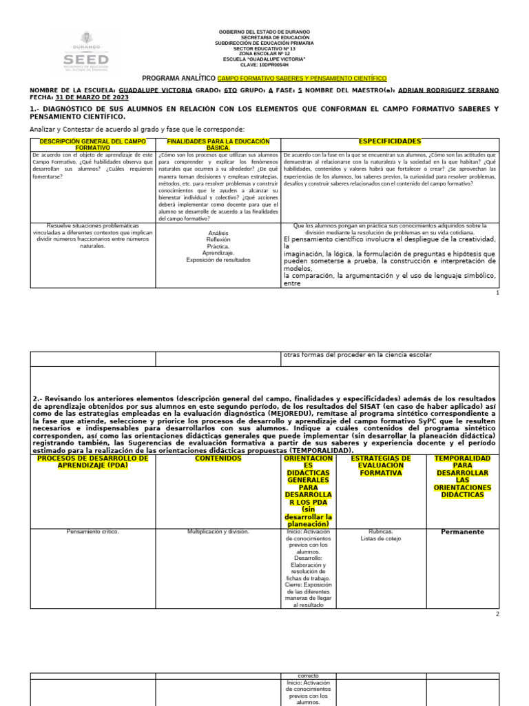 PROPUESTA DE FORMATO PLAN ANALÍTICO CFSYPC (PRODUCTO DE LA 5a SESION) 2 | PDF | Evaluación ...