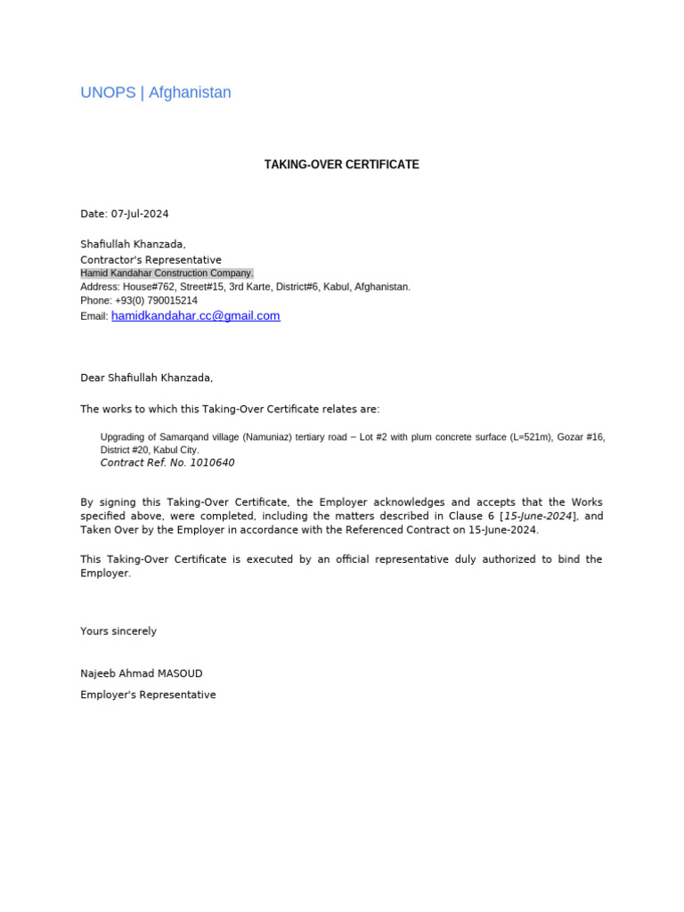 Kabul Road Project Completion | PDF