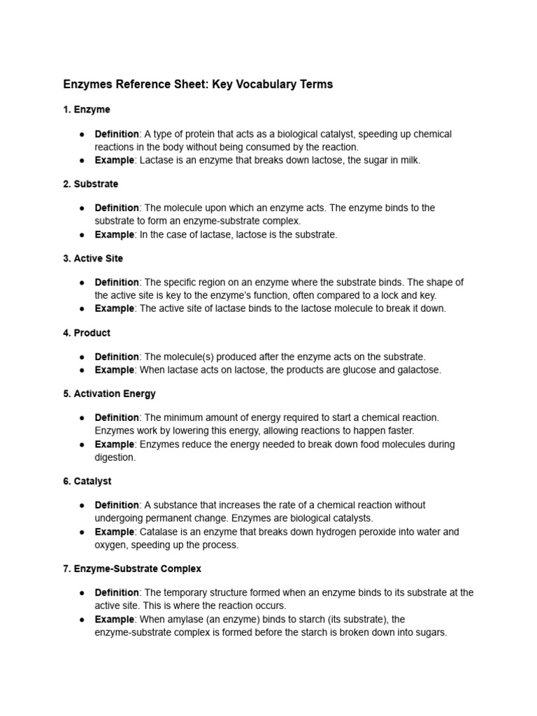 Enzymes Reference Sheet - Key Vocabulary Terms | PDF | Enzyme ...