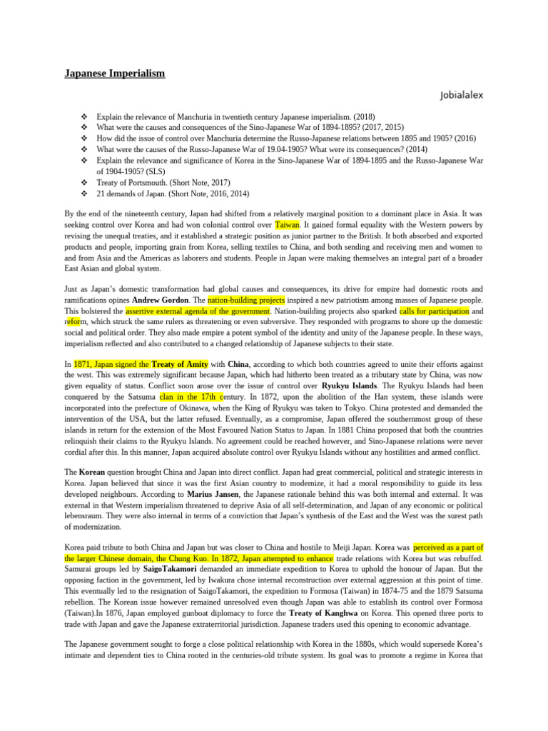 COT Japanese Imperialism (Sino-Jap _ Russo-Jap Wars, Manchuria) | PDF ...