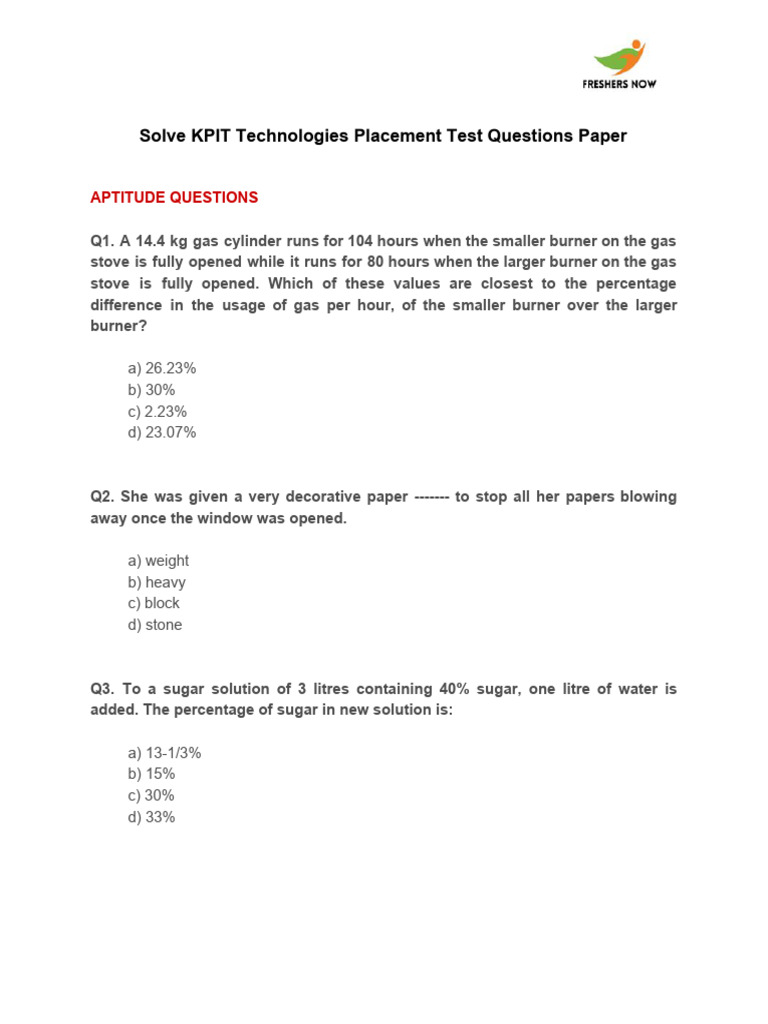 Solve KPIT Technologies Placement Test Questions Paper | PDF