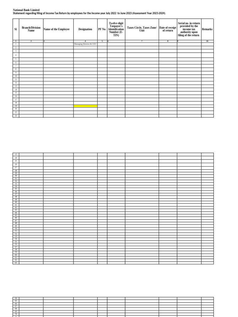 National Bank Employees Tax Filing 2023 | PDF