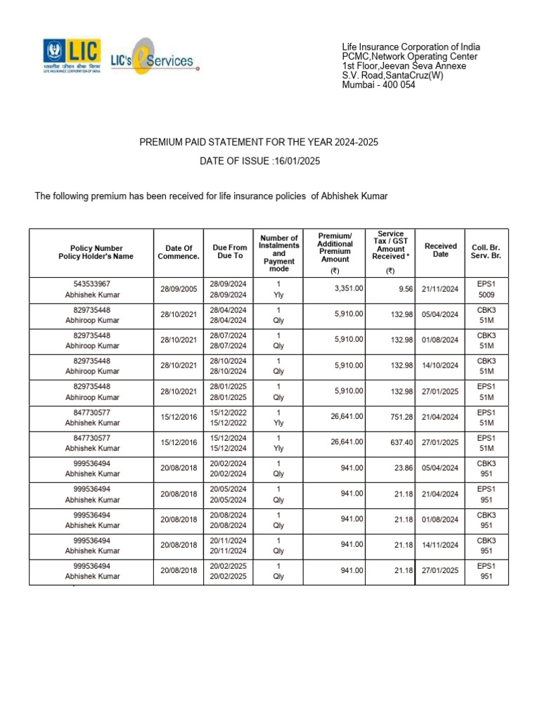 Premium Paid Ststement_2024-2025 | PDF | Microeconomics | Service Industries