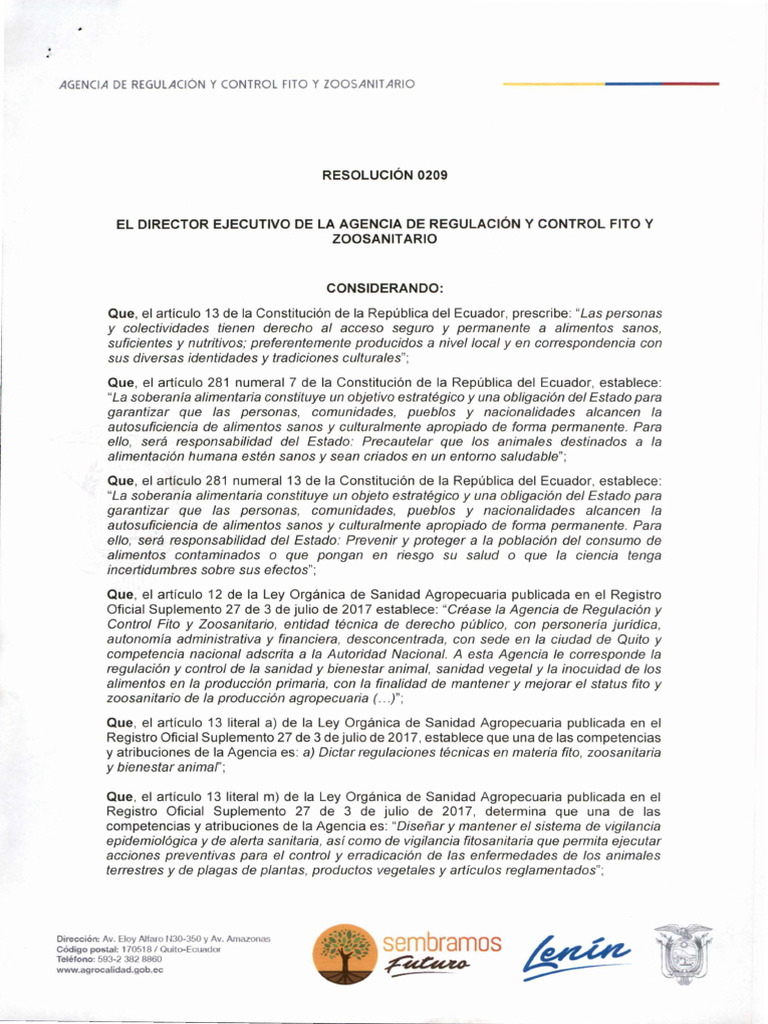 RESOLUCION 0209 Plan Contingencia AAG | PDF | Alimentos | Ecuador