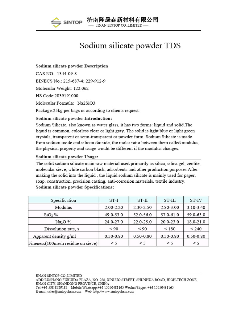 Sodium Silicate Powder Specifications | PDF