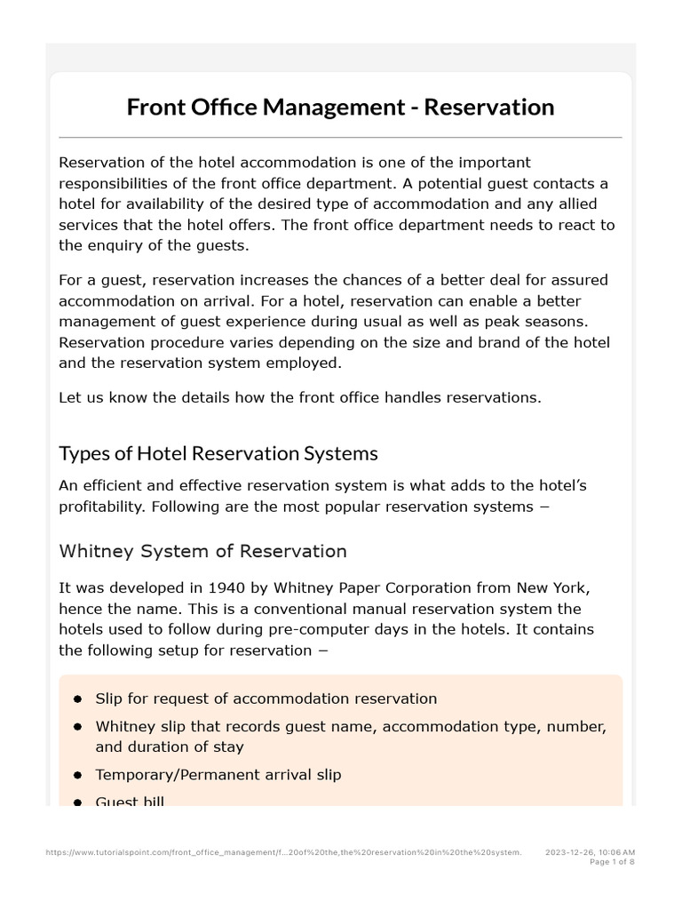 Front Office Reservation Management Guide | PDF | Hotel | Databases