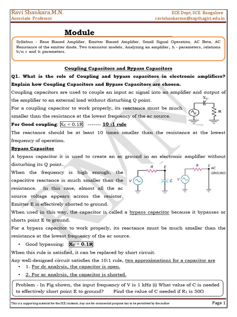 Electronic Circuits Module 1 (B) 2024 | PDF | Amplifier | Capacitor