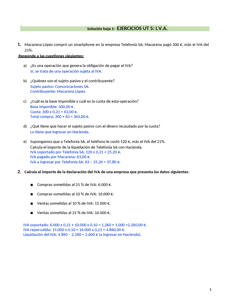 Soluc. Ejercicios Hoja 1 UT 5 | PDF | Factura | Impuesto al valor agregado