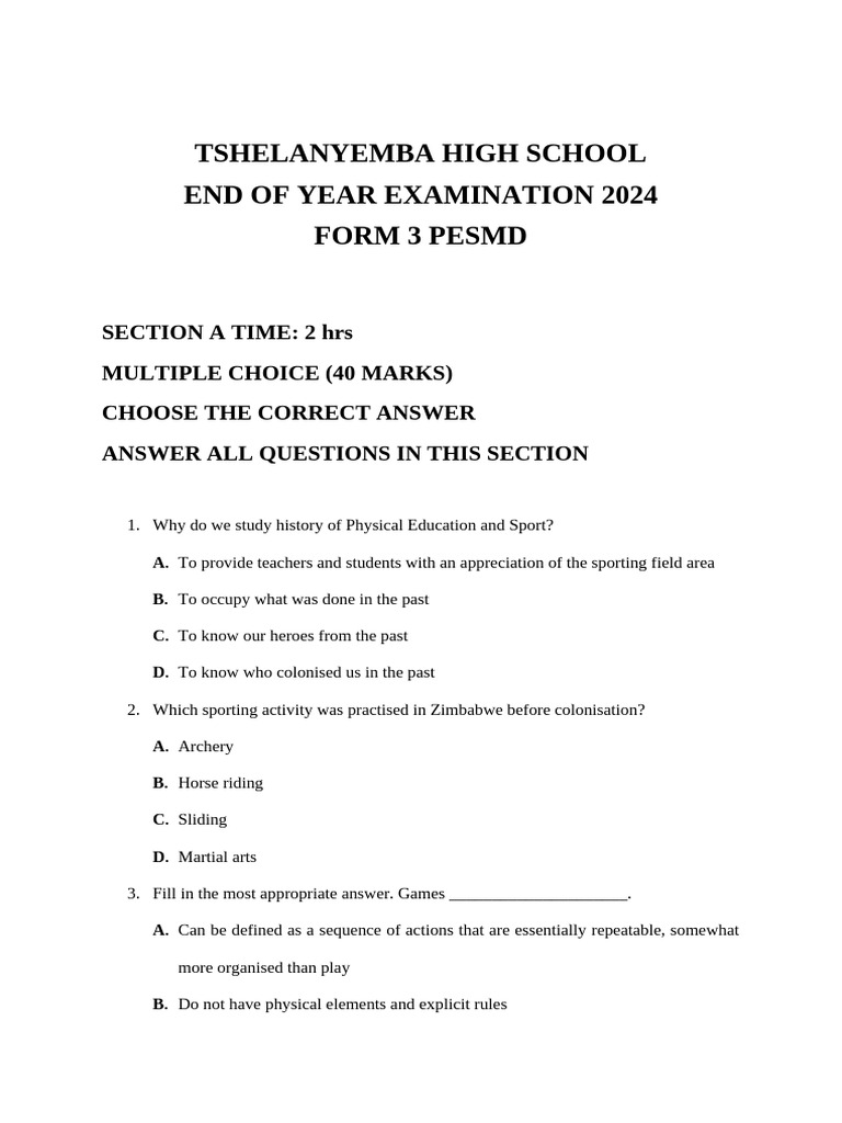 2024 Form 3 PESMD Exam Questions | PDF | Respiratory System | Blood
