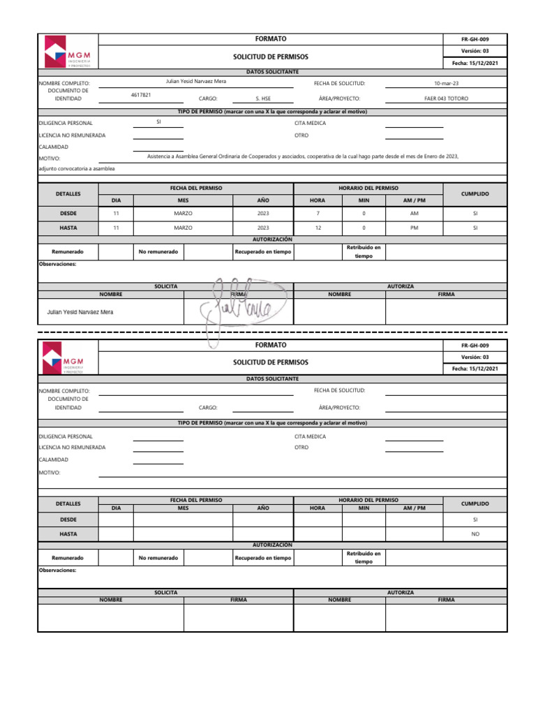 FR-GH-009 SOLICITUD DE PERMISOS V3 - Julian Narvaez | PDF