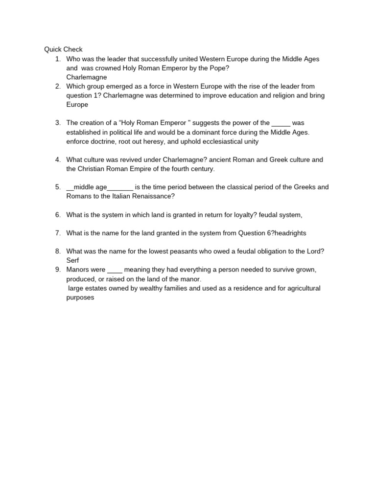 Midle Ages Quick Check-1 | PDF