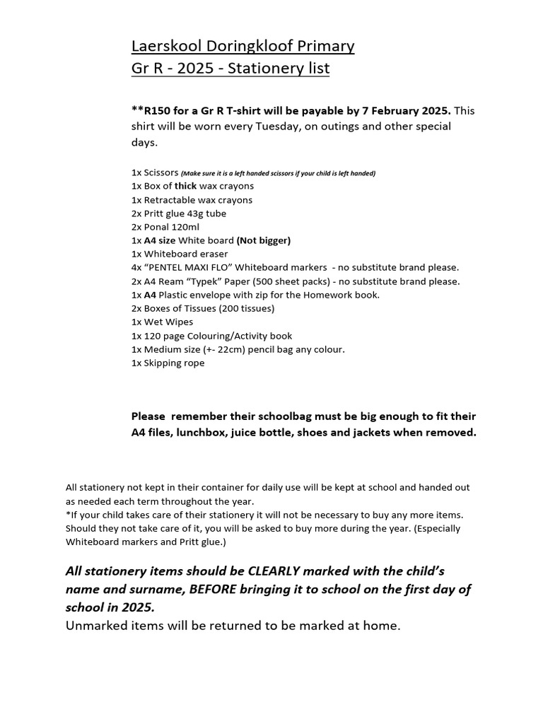 Grade R Stationery List Learners 2025 1 | PDF