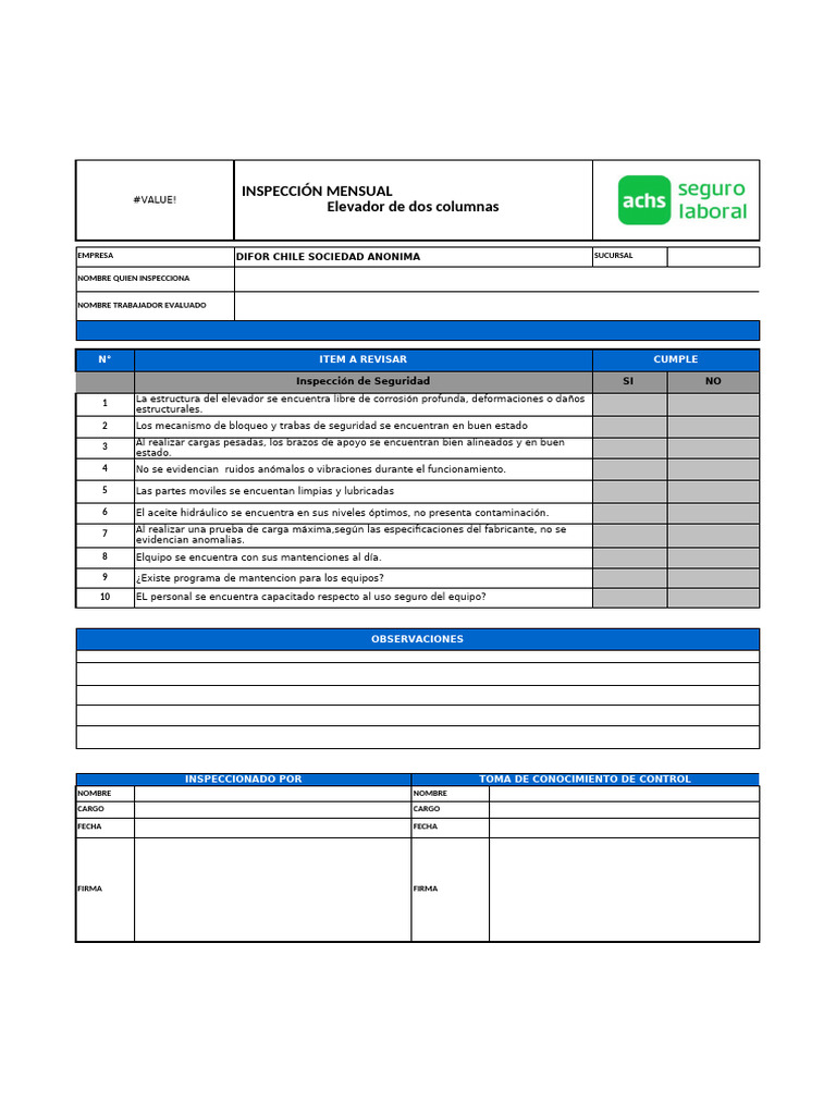 0.3. - Check List Mensual Elevadores de Dos Columnas | PDF