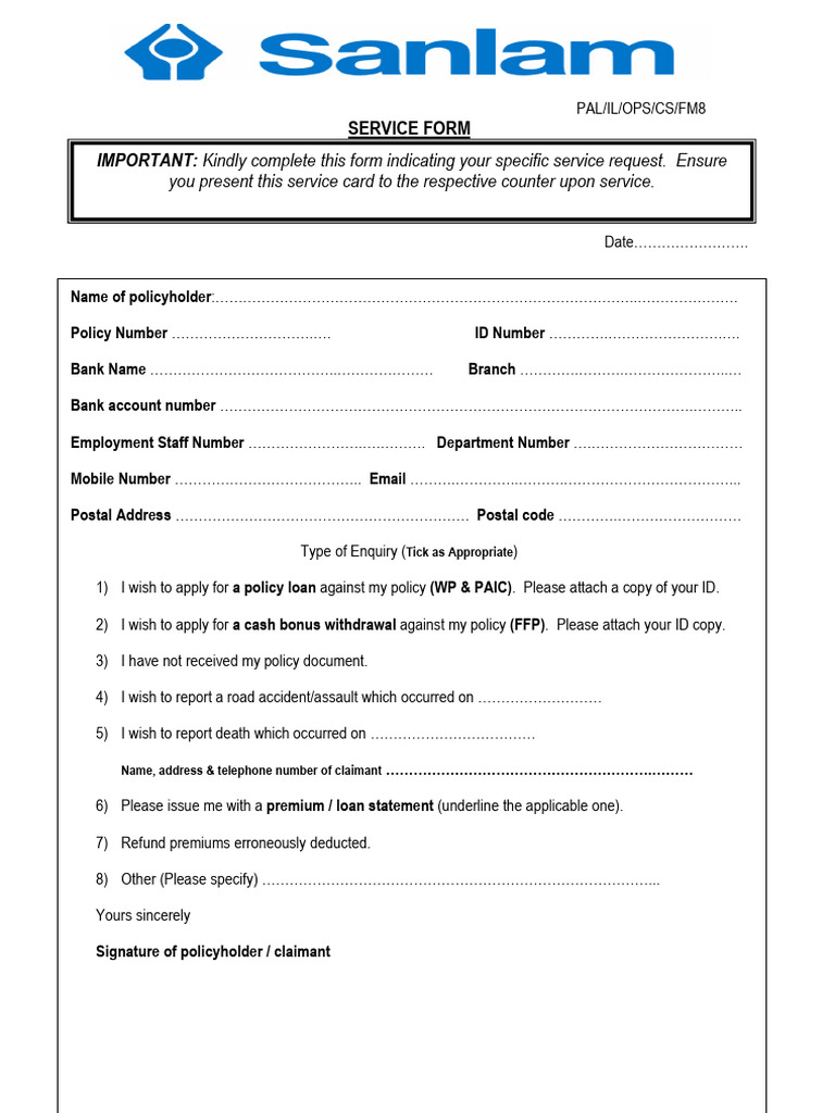 Service Form Sanlam | PDF