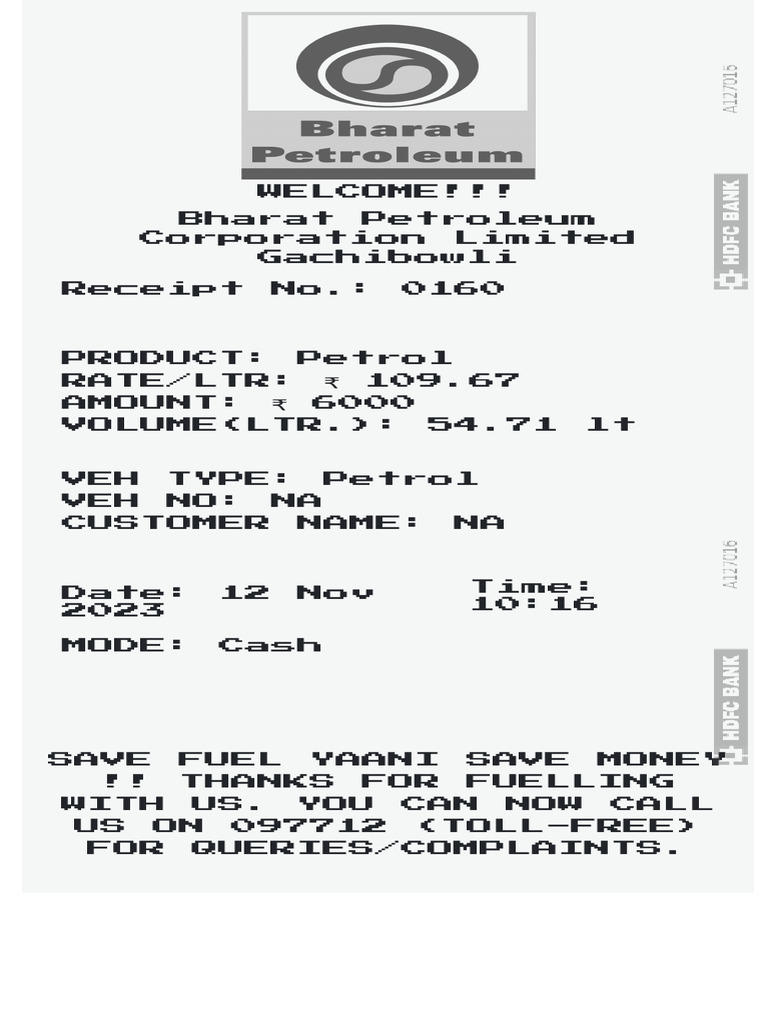 Bharat Petroleum Petrol Receipt 2023 | PDF