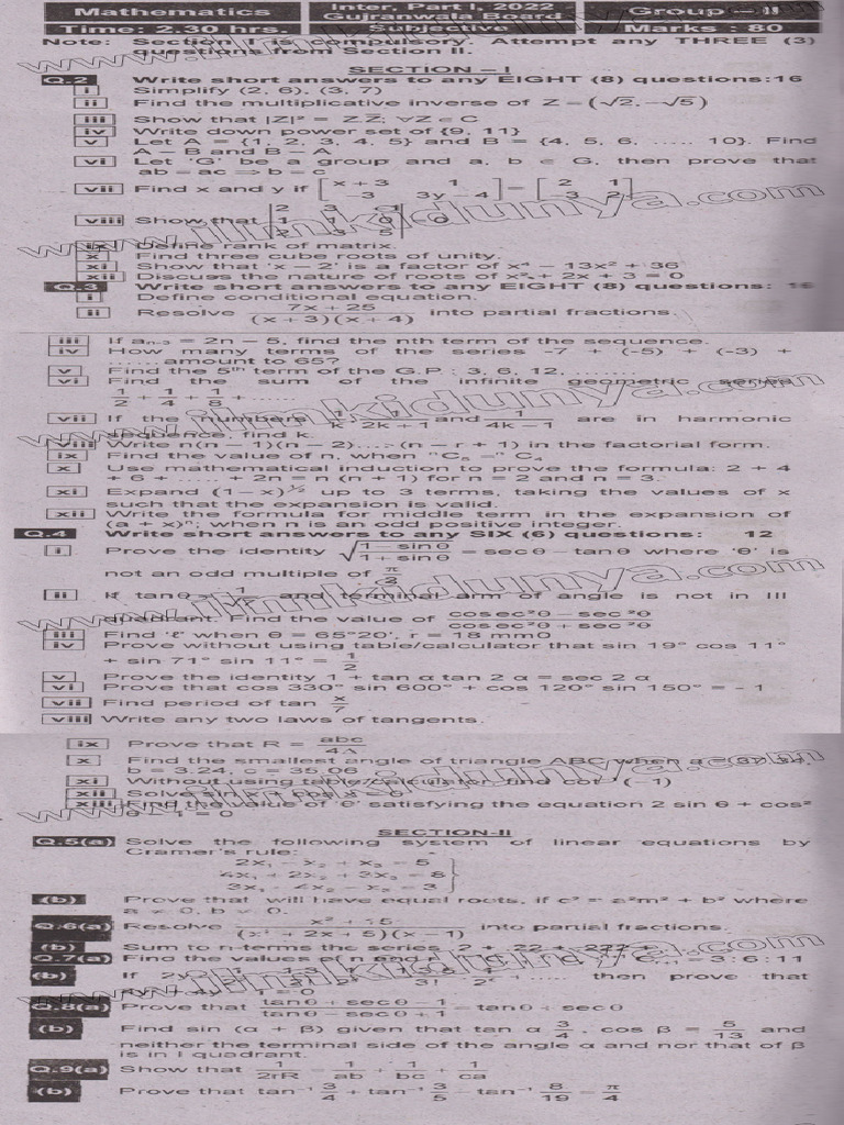 Past Paper 2022 Gujranwala Board Inter Part I Mathematics Group II Subjective English Medium | PDF