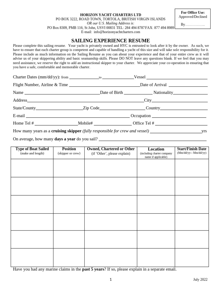 Sailing Experience Resume for Charters | PDF | Yacht | Water Transport