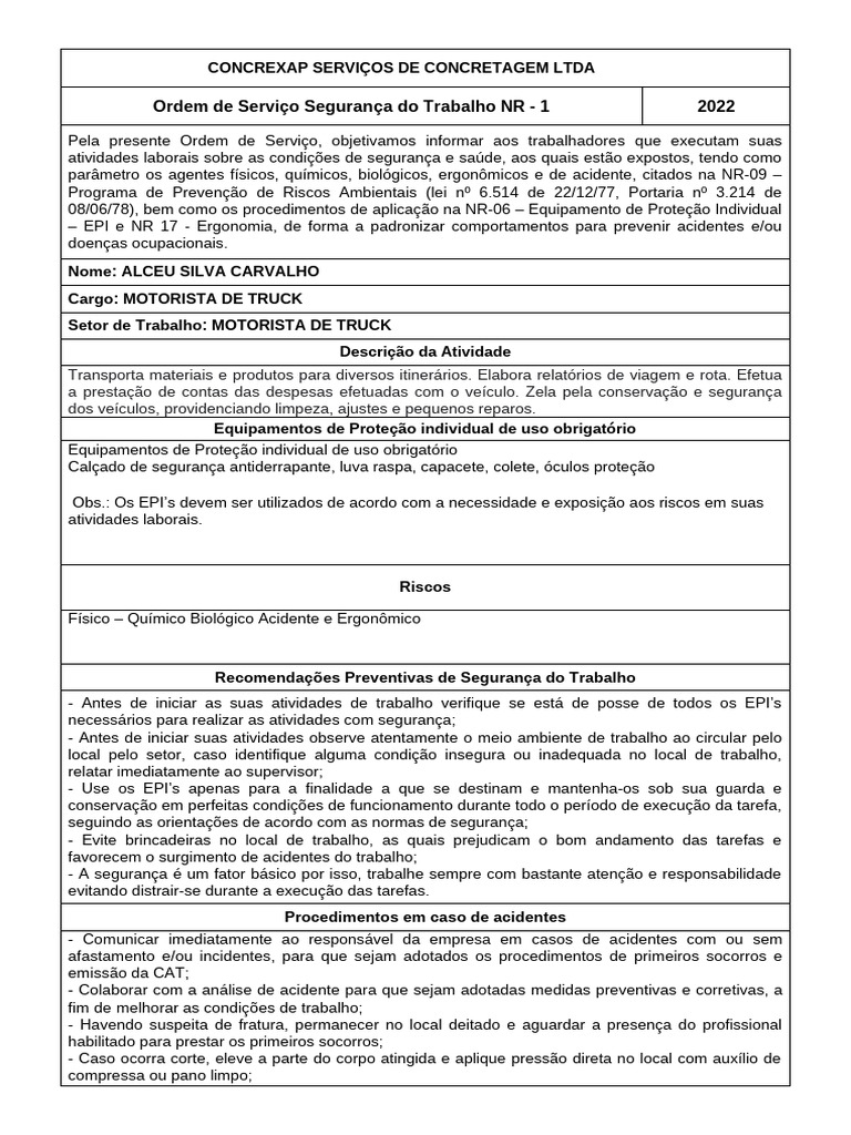 Ordem de Serviço NR-1: Segurança do Trabalho | PDF | Primeiros socorros ...