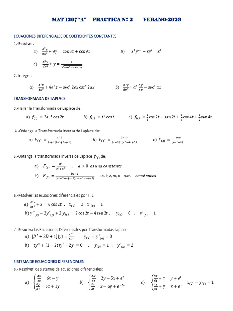 Practica2 Mat1207 - Verano - 2023 | PDF | Ecuaciones | Ecuaciones diferenciales