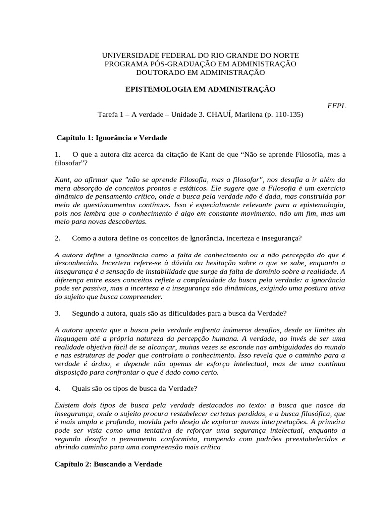 Atividade 1 - CHAUI A verdade | PDF | Verdade | Conhecimento