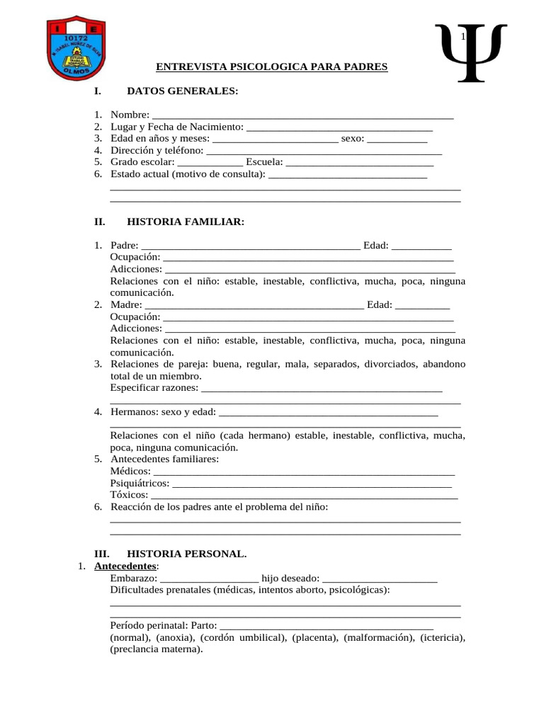Formato de Entrevista Psicologica | PDF