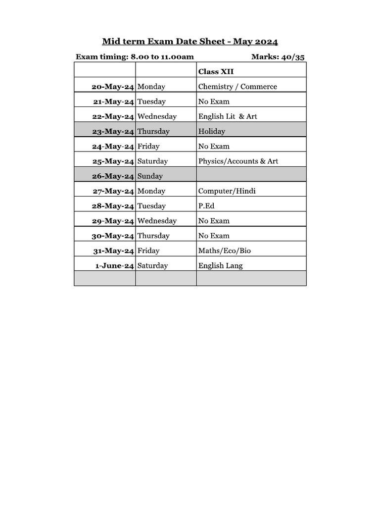 Class XII - Mid Term Date Sheet 2024 | PDF