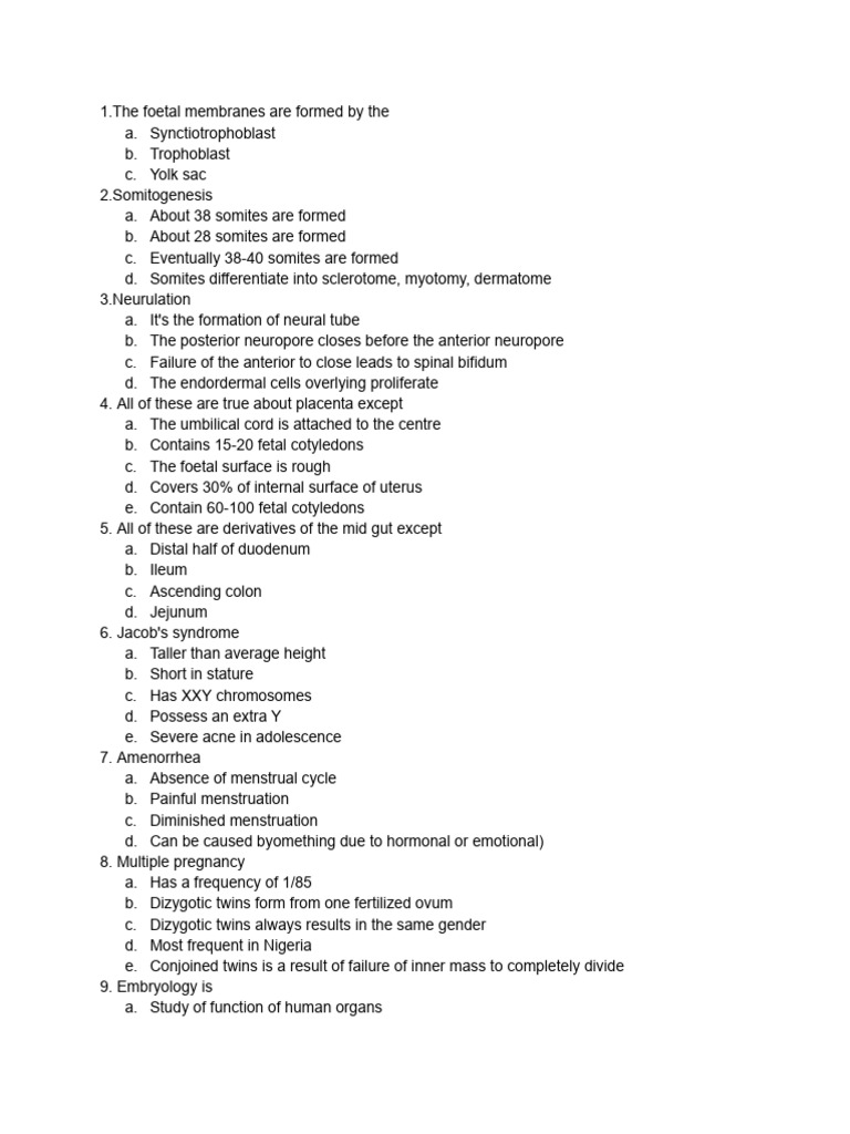 Embryology MCQ C.A Test 2024 AMHS Compilation-1 | PDF