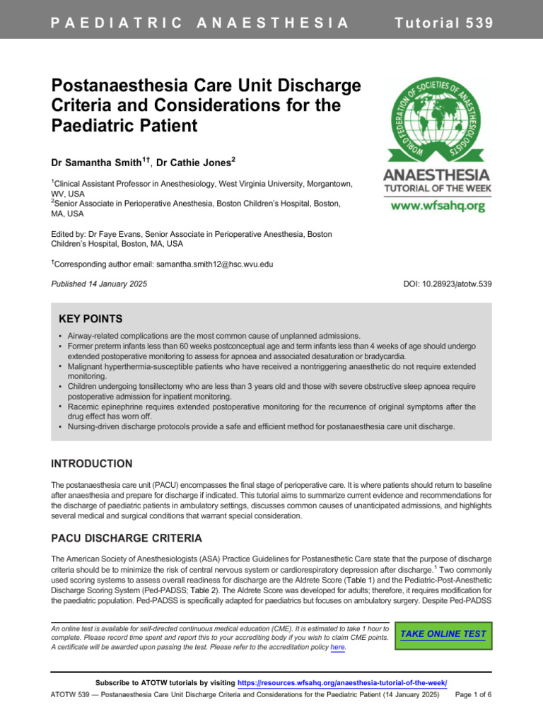 Pediatric PACU Discharge Guide | PDF | Anesthesia | Surgery