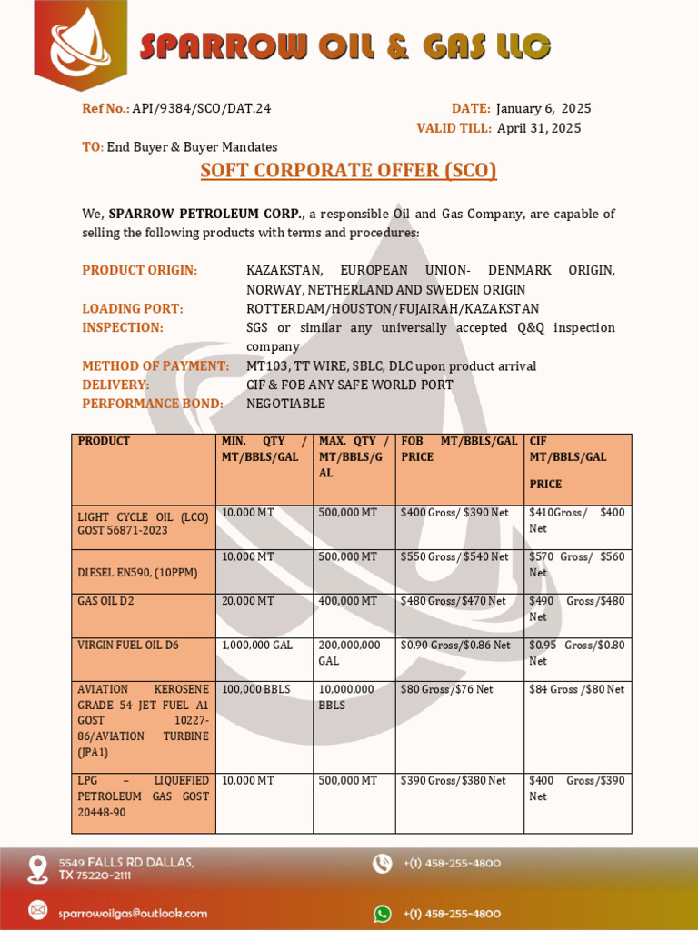 SCO Offer for Oil and Gas Products | PDF | Receipt | Sales
