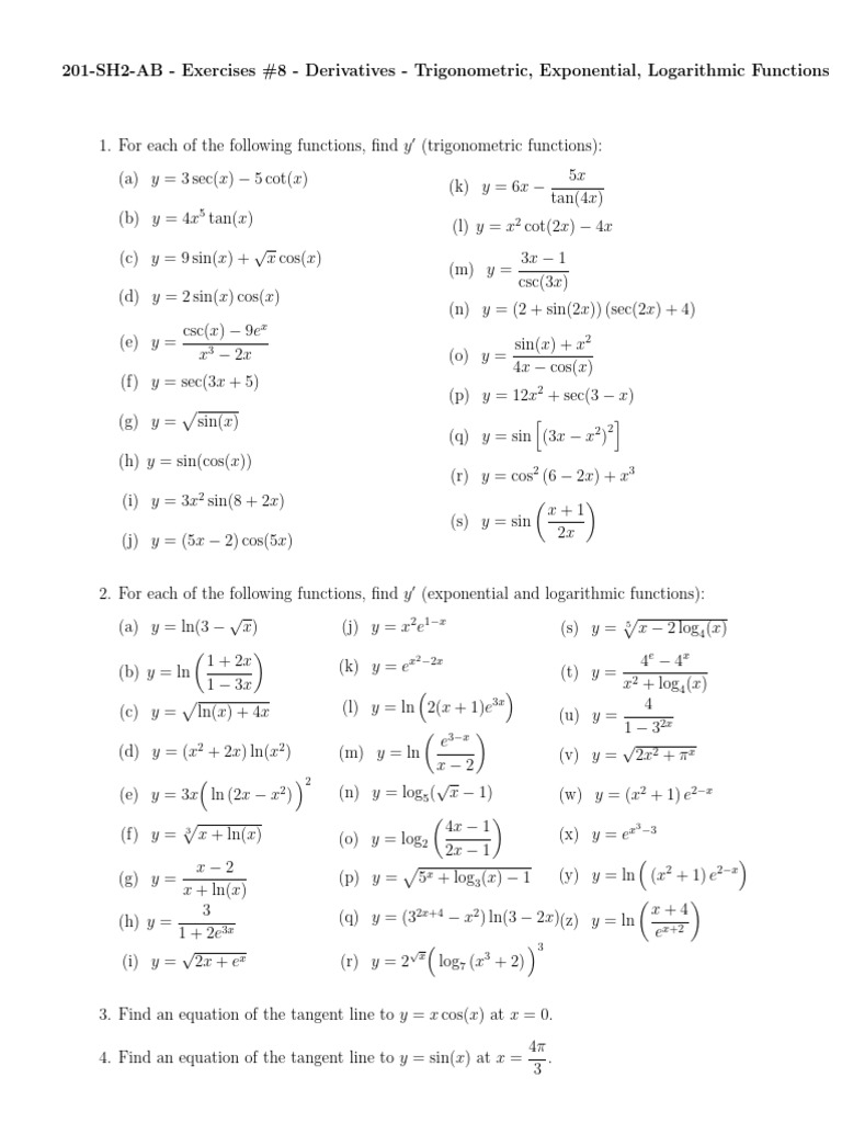 Exercises 8 - Derivatives - Trig - Exp - Log | PDF | Trigonometric Functions | Special Functions