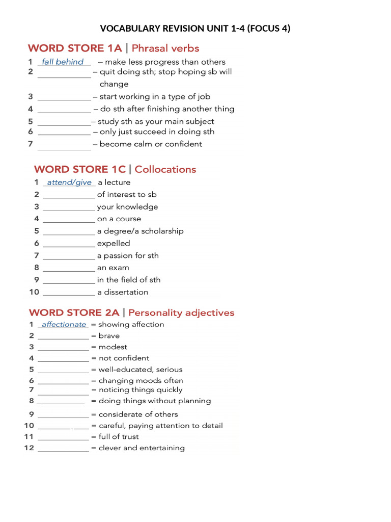 Vocabulary Revision Unit 1-4 | PDF