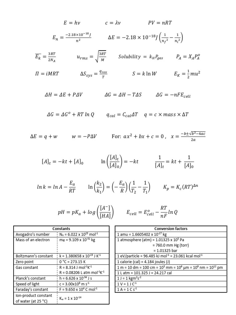 CHM135 Equation Sheet | PDF