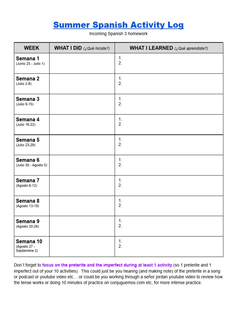 Wootton Spanish 3 Summer Homework Log | PDF