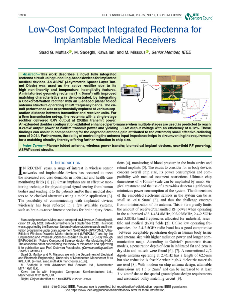 Low-Cost Compact Integrated Rectenna For Implantable Medical Receivers ...