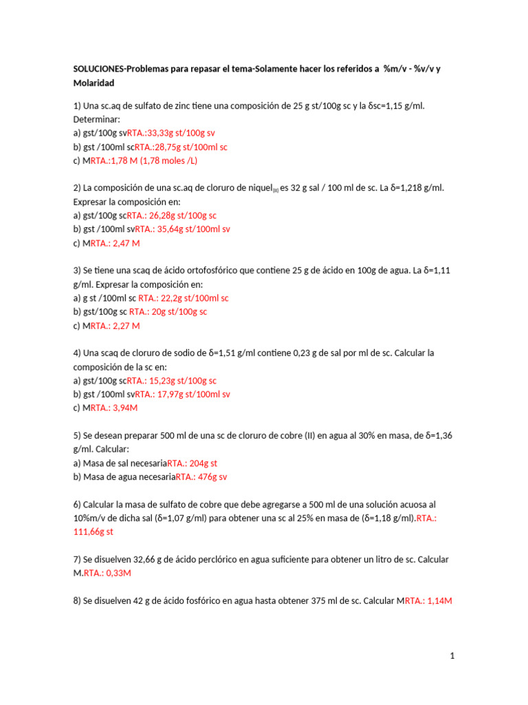 Ejercicios Soluciones Varios Con Resultados | PDF | Concentración | Ácido clorhídrico