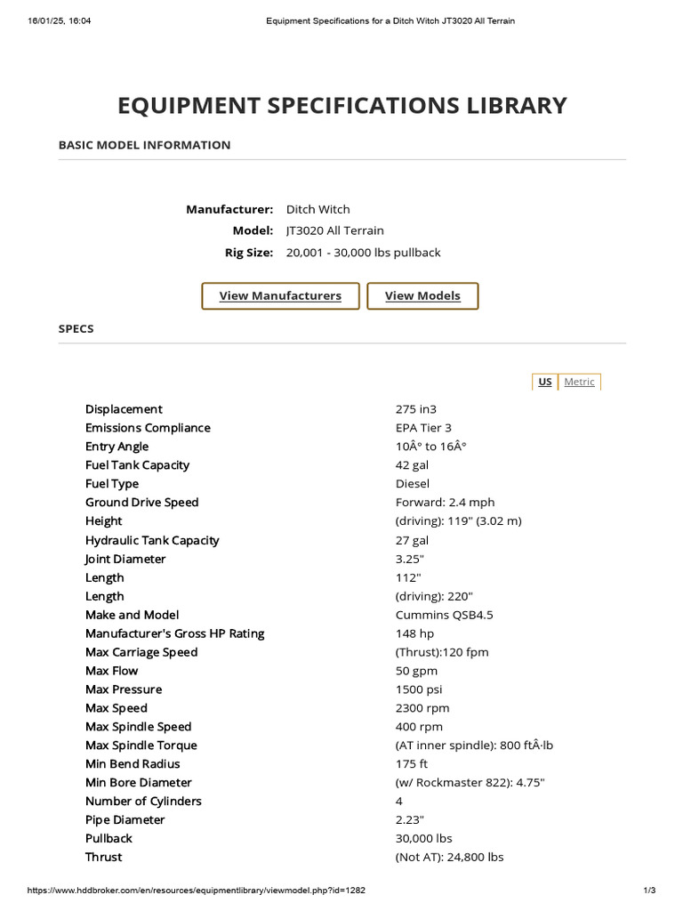 Equipment Specifications For A Ditch Witch JT3020 All Terrain | PDF ...