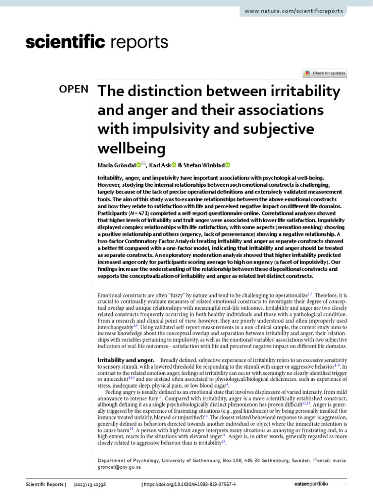 The Distinction Between Irritability and Anger and Their Associations ...