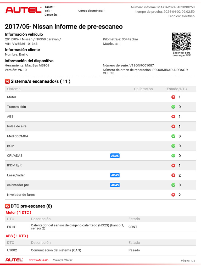 2017_05- Nissan Informe de pre-escaneo_VW6E26-101348_2024042090250 | PDF | Coche | Vehículos ...