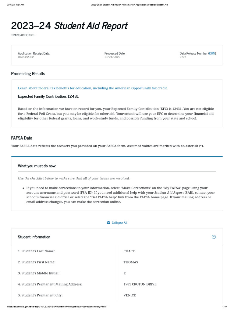 2023-2024 Student Aid Report Print - FAFSA Application - Federal Student Aid | PDF | Income Tax ...