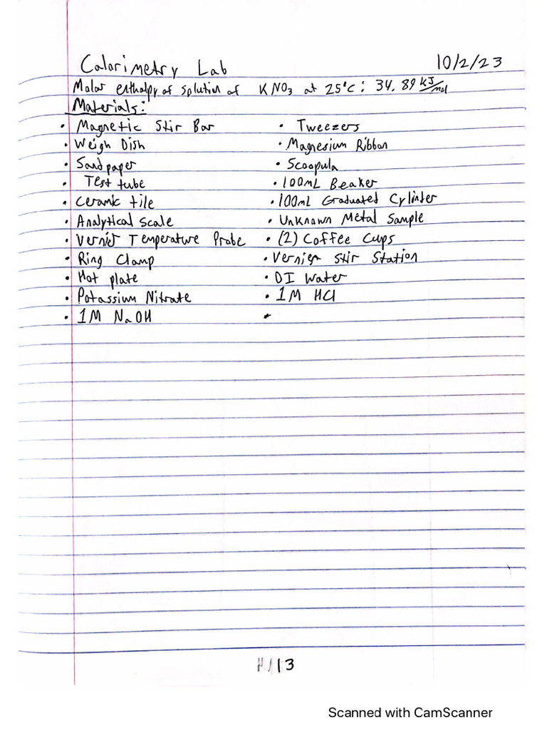 Calorimetry Pre Lab Notebook | PDF