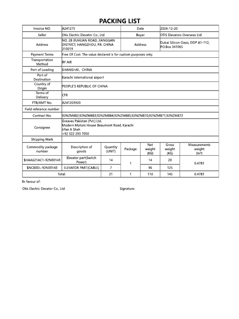 Packing List China Material | PDF