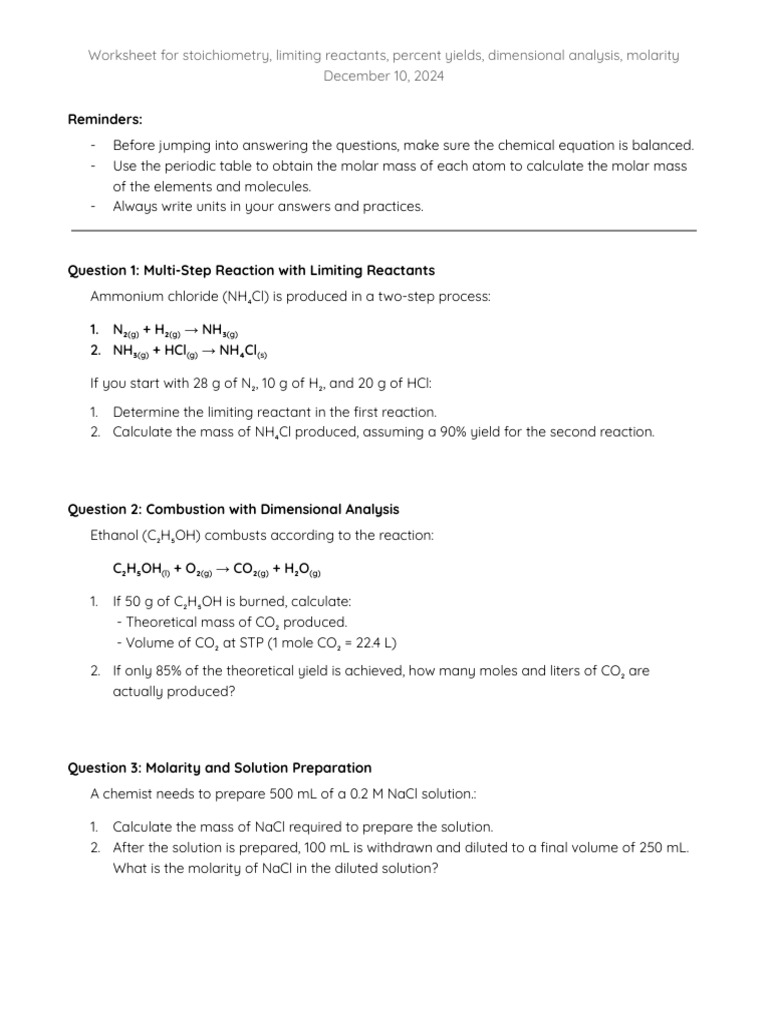 Worksheet for Stoichiometry | PDF | Stoichiometry | Chemistry