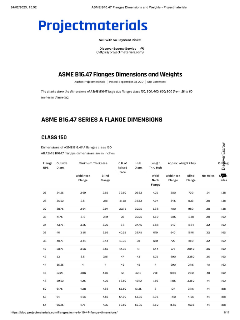 ASME B16.47 Flanges Dimensions and Weights - Projectmaterials | PDF ...
