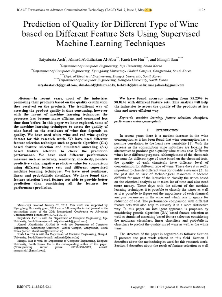 Wine Quality Prediction Research Paper 22 | PDF | Sensitivity And Specificity | Machine Learning