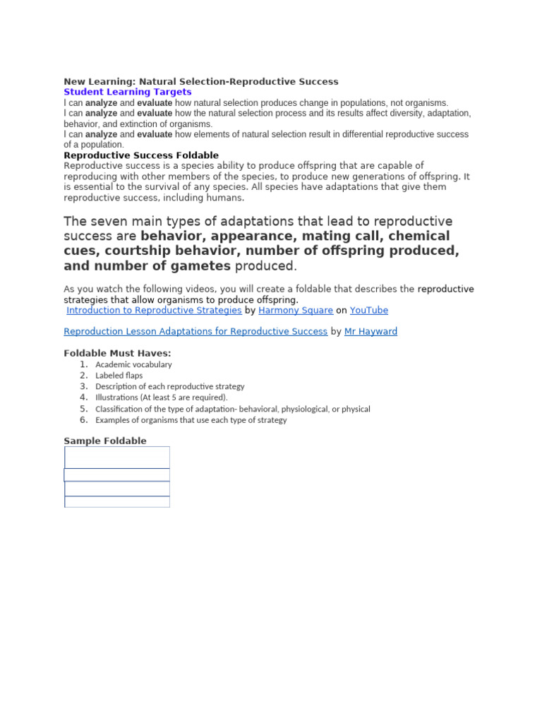 Reproductive Success Foldable Instructions 2 | PDF