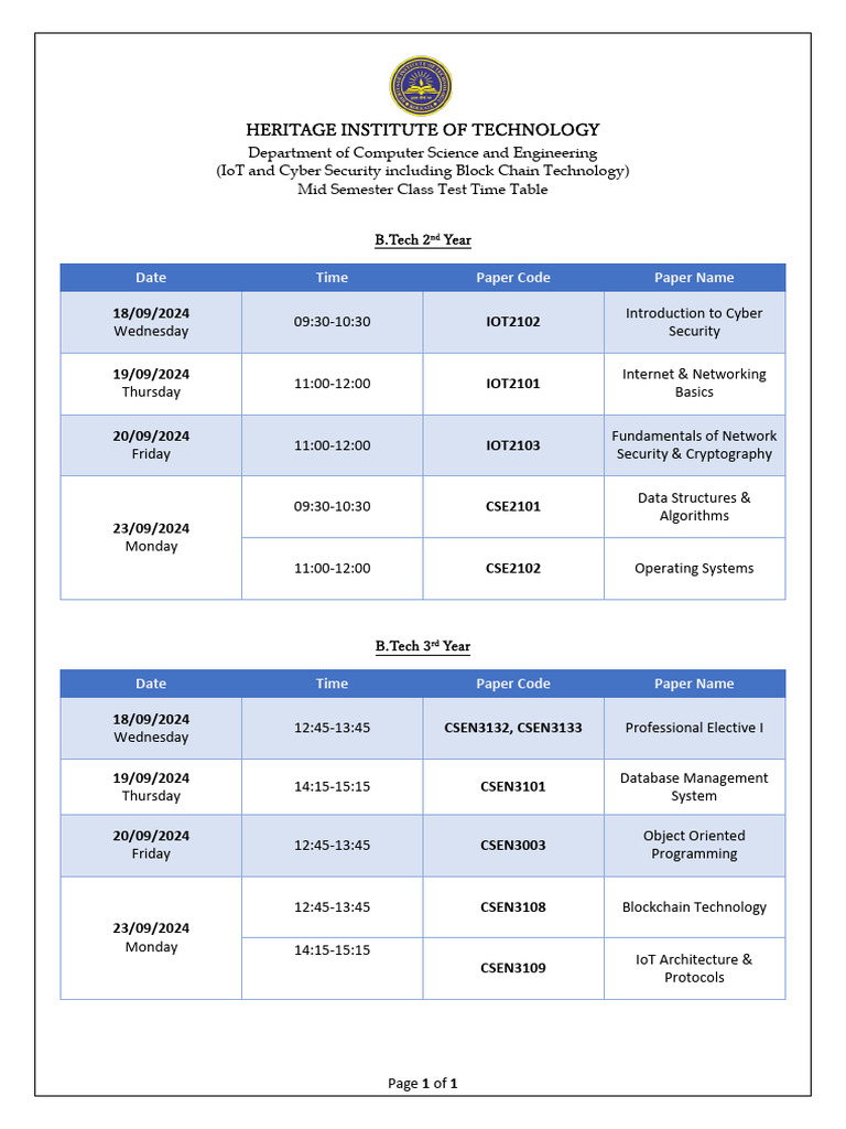 IOTCS-Mid-Sem Time Table Odd Sem 2024 | PDF | Information Technology | Computer Science