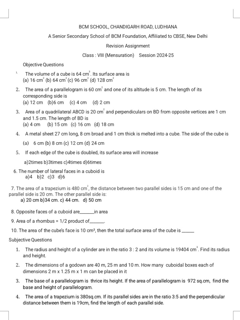 Mensuration Assignment Class 8 | PDF | Area | Rectangle